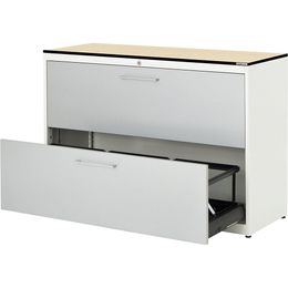 Mauser H&auml;ngeregistraturschrank, HPL-Vollkernplatte, 2 Ausz&uuml;ge, 3-bahnig, mit D&auml;mpfung, reinwei&szlig; / wei&szlig;aluminium / Ahorn