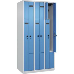 Z-Spind Evolo PLUS, 3 Abteile, lichtgrau / lichtblau, B 900 mm, 6 F&auml;cher, mit Bodengleitern, Sicherheits-Drehriegel kaiserkraft