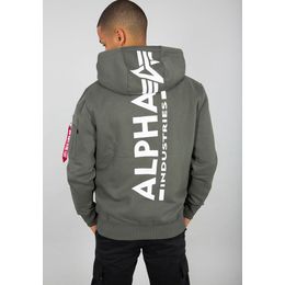 Kapuzensweatshirt Alpha Industries "BACK PRINT HOODY", Herren, Gr. M, gr&uuml;n (schwarz olive), angeraute Sweatware, Obermaterial: 80% Baumwolle, 20% Polyester, bedruckt, normal normal, Rundhals, Rippb&uuml;ndchen, Sweatshirts, Baumwollmischung, regular fit