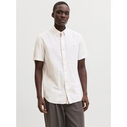 Jack & Jones Kurzarmhemd JACK & JONES "JPRBLUSUMMER LIN. BL. SHIELD SS SHIRT SN", Herren, Gr. L, N-Gr, mermaid stripes:regular fit, Web, Obermaterial: 70% Baumwolle, 30% Leinen, gestreift, regular fit normal, gerader Abschluss, Hemden, mit Stickerei