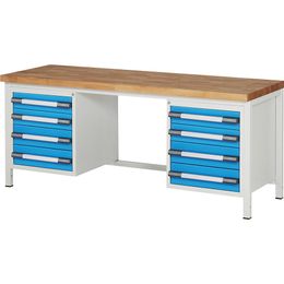 eurokraft pro Werkbank, Gestellbauweise Serie 8000, 8 Schubladen: 4 x 120, 4 x 150 mm, BxT 2000 x 700 mm