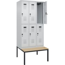 Doppelstock-Spind Evolo PLUS Sitzbank, 3 Abteile, lichtgrau / lichtgrau, B 900 mm, Sicherheits-Drehriegel, mit untergebauter Sitzbank, Buche kaiserkraft