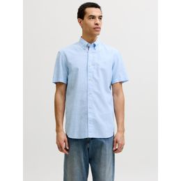 Jack & Jones Kurzarmhemd JACK & JONES "JPRBLUSUMMER LIN. BL. SHIELD SS SHIRT SN", Herren, Gr. L, N-Gr, dutch canal fit:regular fit, Web, Obermaterial: 70% Baumwolle, 30% Leinen, unifarben, regular fit normal, gerader Abschluss, Hemden, mit Stickerei