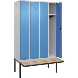 C+P Spind Classic PLUS Sitzbank, 4 Abteile, lichtgrau / lichtblau, B 1200 mm, Zylinderschloss, auskragend, Buche-Hartholz