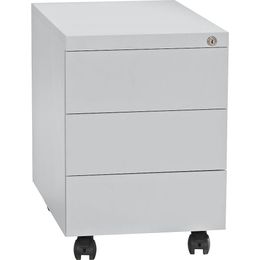 eurokraft basic Rollcontainer, Stahl, 1 Stiftschale, 3 Materialsch&uuml;be, Tiefe 590 mm, lichtgrau