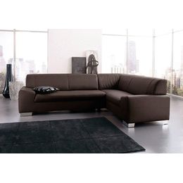 Ecksofa DOMO collection "Alisson, zeitlose Optik, flache Armlehnen, L-Form", braun, B:249cm H:75cm T:181cm, Microfaser aus 100% Polyester;Softlux, das pflegeleichte Kunstleder aus 80% PVC, 18% Polyester und 2% Polyurethan;Strukturstoff aus 90% Polyester und 10% Polyacryl, Sofas, Ecksofa, fester Sitzkomfort, wahlweise mit Bettfunktion