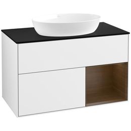 Villeroy & Boch Villeroy und Boch Finion Waschtischunterschrank FA22GNGF 100cm, Abdeckplatte black matt, Regale Walnut Veneer, Glossy white lacquer