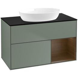 Villeroy & Boch Villeroy und Boch Finion Waschtischunterschrank FA22GNGM 100cm, Abdeckplatte black matt, Regale Walnut Veneer, Olive Matt Lacquer