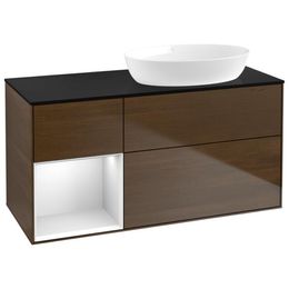 Villeroy & Boch Villeroy und Boch Finion Waschtischunterschrank GA42MTGN 120cm, Abdeckplatte black matt, Emotion, Regale White matt lacquer, Walnut veneer