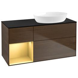 Villeroy & Boch Villeroy und Boch Finion Waschtischunterschrank GA42HFGN 120cm, Abdeckplatte black matt, Emotion, Regale Gold matt lacquer, Walnut veneer