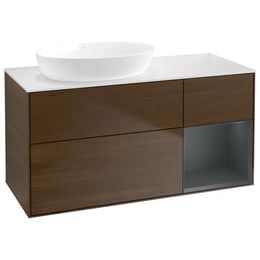 Villeroy & Boch Villeroy und Boch Finion Waschtischunterschrank GA51HGGN 120cm, Abdeckplatte white matt, Emotion, Regale Midnight matt lacquer, Walnut veneer