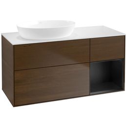 Villeroy & Boch Villeroy und Boch Finion Waschtischunterschrank FA51PDGN 120cm, Abdeckplatte white matt, Regale Black matt lacquer, Walnut veneer