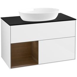 Villeroy & Boch Villeroy und Boch Finion Waschtischunterschrank FA12GNGF 100cm, Abdeckplatte black matt, Regale Walnut Veneer, Glossy white lacquer