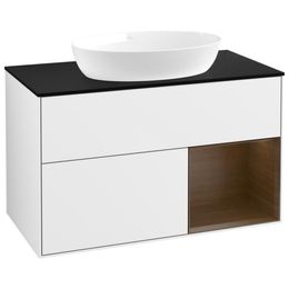 Villeroy & Boch Villeroy und Boch Finion Waschtischunterschrank GA22GNGF 100cm, Abdeckplatte black matt, Emotion, Regale Walnut Veneer, Glossy white lacquer