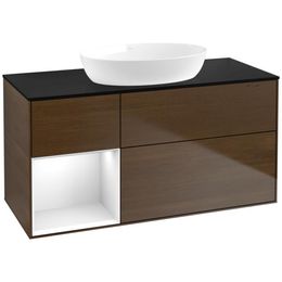 Villeroy & Boch Villeroy und Boch Finion Waschtischunterschrank FA62GFGN 120cm, Abdeckplatte black matt, Regale Glossy white lacquer, Walnut veneer