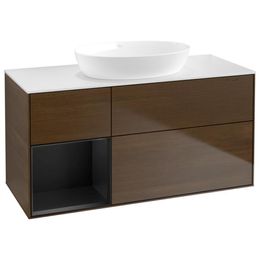 Villeroy & Boch Villeroy und Boch Finion Waschtischunterschrank GA61PDGN 120cm, Abdeckplatte white matt, Emotion, Regale Black matt lacquer, Walnut veneer