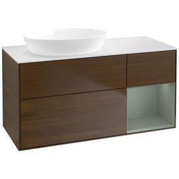 Villeroy & Boch Villeroy und Boch Finion Waschtischunterschrank FA51GMGN 120cm, Abdeckplatte white matt, Regale Olive matt lacquer, Walnut veneer