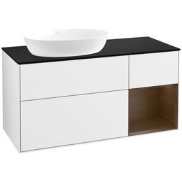 Villeroy & Boch Villeroy und Boch Finion Waschtischunterschrank FA52GNGF 120cm, Abdeckplatte black matt, Regale Walnut Veneer, Glossy white lacquer