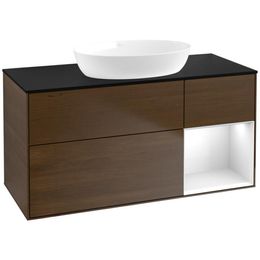 Villeroy & Boch Villeroy und Boch Finion Waschtischunterschrank FA72GFGN 120cm, Abdeckplatte black matt, Regale Glossy white lacquer, Walnut veneer
