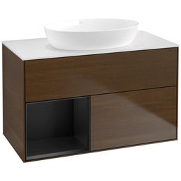 Villeroy & Boch Villeroy und Boch Finion Waschtischunterschrank FA11PDGN 100cm, Abdeckplatte white matt, Regale Black matt lacquer, Walnut veneer