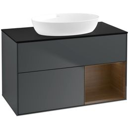 Villeroy & Boch Villeroy und Boch Finion Waschtischunterschrank FA22GNHG 100cm, Abdeckplatte black matt, Regale Walnut Veneer, Midnight Blue Matt Lacquer