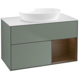 Villeroy & Boch Villeroy und Boch Finion Waschtischunterschrank FA21GNGM 100cm, Abdeckplatte white matt, Regale Walnut Veneer, Olive Matt Lacquer