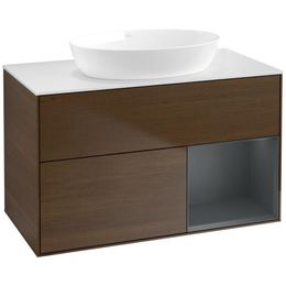 Villeroy & Boch Villeroy und Boch Finion Waschtischunterschrank FA21HGGN 100cm, Abdeckplatte white matt, Regale Midnight matt lacquer, Walnut veneer