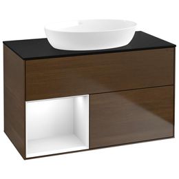 Villeroy & Boch Villeroy und Boch Finion Waschtischunterschrank GA12GFGN 100cm, Abdeckplatte black matt, Emotion, Regale Glossy white lacquer, Walnut veneer