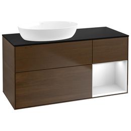 Villeroy & Boch Villeroy und Boch Finion Waschtischunterschrank GA52MTGN 120cm, Abdeckplatte black matt, Emotion, Regale White matt lacquer, Walnut veneer