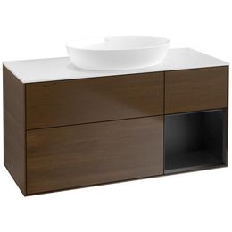 Villeroy & Boch Villeroy und Boch Finion Waschtischunterschrank FA71PDGN 120cm, Abdeckplatte white matt, Regale Black matt lacquer, Walnut veneer