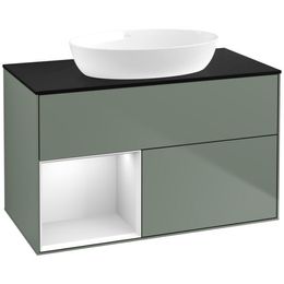 Villeroy & Boch Villeroy und Boch Finion Waschtischunterschrank FA12MTGM 100cm, Abdeckplatte black matt, Regale White matt lacquer, Olive Matt Lacquer
