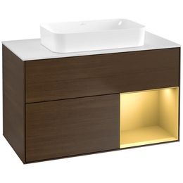 Villeroy & Boch Villeroy und Boch Finion Waschtischunterschrank F661HFGN 100x60,3x50,1cm, Regal rechts Gold matt, Walnut veneer