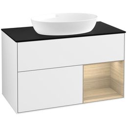Villeroy & Boch Villeroy und Boch Finion Waschtischunterschrank FA22PCGF 100cm, Abdeckplatte black matt, Regale Oak Veneer, Glossy white lacquer