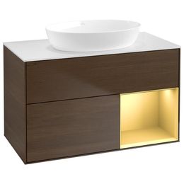 Villeroy & Boch Villeroy und Boch Finion Waschtischunterschrank GA21HFGN 100cm, Abdeckplatte white matt, Emotion, Regale Gold matt lacquer, Walnut veneer