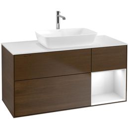 Villeroy & Boch Villeroy und Boch Finion Waschtischunterschrank F831GFGN 120cm, Abdeckplatte white matt, Regale Glossy white lacquer, Walnut veneer
