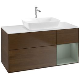 Villeroy & Boch Villeroy und Boch Finion Waschtischunterschrank F831GMGN 120cm, Abdeckplatte white matt, Regale Olive matt lacquer, Walnut veneer