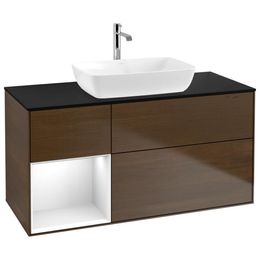 Villeroy & Boch Villeroy und Boch Finion Waschtischunterschrank G822GFGN 120cm, Abdeckplatte black matt, Emotion, Regale Glossy white lacquer, Walnut veneer