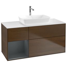 Villeroy & Boch Villeroy und Boch Finion Waschtischunterschrank G821HGGN 120cm, Abdeckplatte white matt, Emotion, Regale Midnight matt lacquer, Walnut veneer