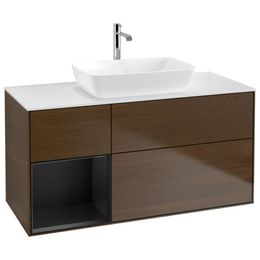 Villeroy & Boch Villeroy und Boch Finion Waschtischunterschrank G821PDGN 120cm, Abdeckplatte white matt, Emotion, Regale Black matt lacquer, Walnut veneer
