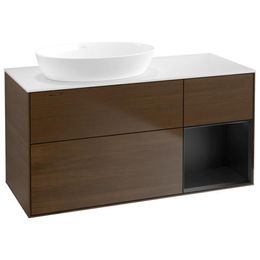 Villeroy & Boch Villeroy und Boch Finion Waschtischunterschrank GA51PDGN 120cm, Abdeckplatte white matt, Emotion, Regale Black matt lacquer, Walnut veneer