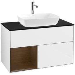 Villeroy & Boch Villeroy und Boch Finion Waschtischunterschrank F772GNGF 100cm, Abdeckplatte black matt, Regale Walnut Veneer, Glossy white lacquer
