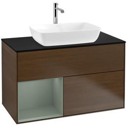 Villeroy & Boch Villeroy und Boch Finion Waschtischunterschrank F772GMGN 100cm, Abdeckplatte black matt, Regale Olive matt lacquer, Walnut veneer