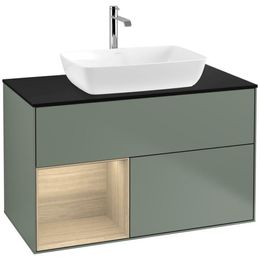 Villeroy & Boch Villeroy und Boch Finion Waschtischunterschrank F772PCGM 100cm, Abdeckplatte black matt, Regale Oak Veneer, Olive Matt Lacquer