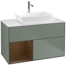 Villeroy & Boch Villeroy und Boch Finion Waschtischunterschrank F771GNGM 100cm, Abdeckplatte white matt, Regale Walnut Veneer, Olive Matt Lacquer