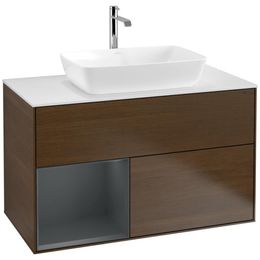 Villeroy & Boch Villeroy und Boch Finion Waschtischunterschrank F771HGGN 100cm, Abdeckplatte white matt, Regale Midnight matt lacquer, Walnut veneer