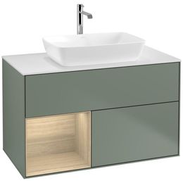 Villeroy & Boch Villeroy und Boch Finion Waschtischunterschrank F771PCGM 100cm, Abdeckplatte white matt, Regale Oak Veneer, Olive Matt Lacquer