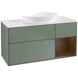 Villeroy & Boch Villeroy und Boch Finion Waschtischunterschrank FA71GNGM 120cm, Abdeckplatte white matt, Regale Walnut Veneer, Olive Matt Lacquer