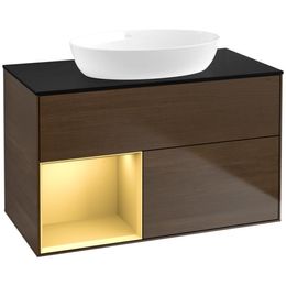 Villeroy & Boch Villeroy und Boch Finion Waschtischunterschrank FA12HFGN 100cm, Abdeckplatte black matt, Regale Gold matt lacquer, Walnut veneer