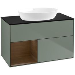 Villeroy & Boch Villeroy und Boch Finion Waschtischunterschrank FA12GNGM 100cm, Abdeckplatte black matt, Regale Walnut Veneer, Olive Matt Lacquer