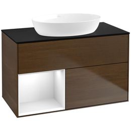 Villeroy & Boch Villeroy und Boch Finion Waschtischunterschrank FA12GFGN 100cm, Abdeckplatte black matt, Regale Glossy white lacquer, Walnut veneer